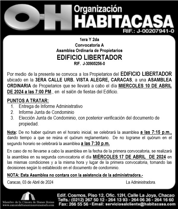 CONVOCATORIA EDIFICIO LIBERTADOR